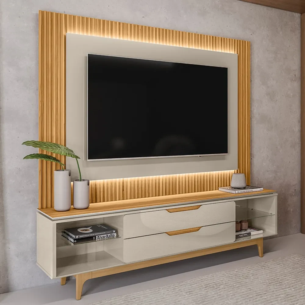 Conjunto Painel e Rack Bancada Singapura/Luanda TV até 85 Polegadas Tauari/Off White G77 - Gran ...