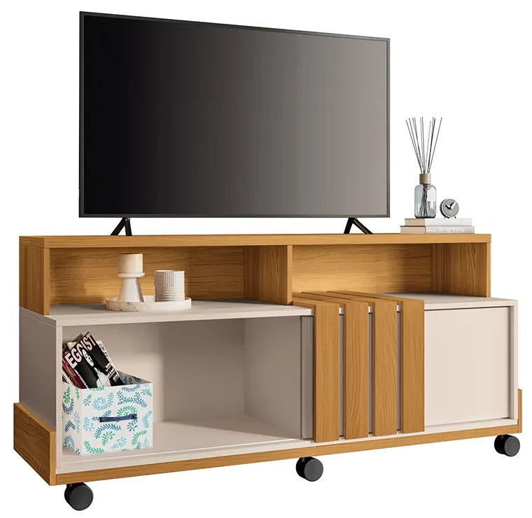 Painel para TV 50" Bancada com Rodízio Karen Cinamomo/Off White H01 - D ...